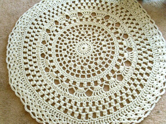 Ecru/off white giant crochet doily rug mandala rug. Crochet