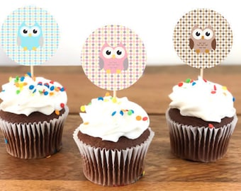 12 Pink Owls cupcake toppers Valentine cupcake topper Four