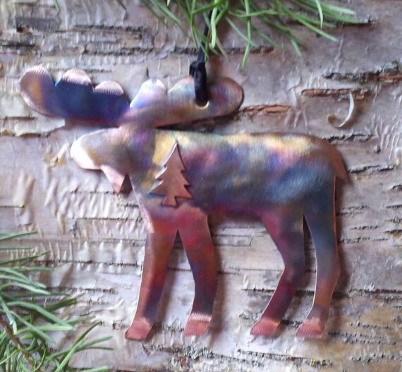 Handcrafted Copper Moose with tree Ornament