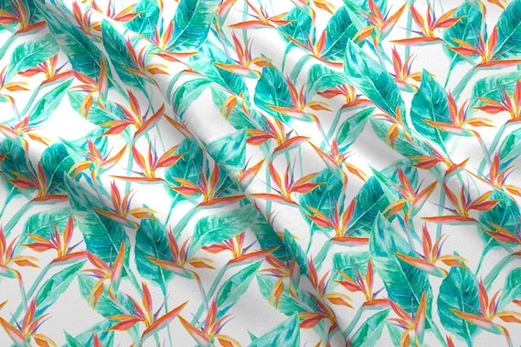 Jungle Leaves Tropical Floral Fabric Birds Of Paradise White