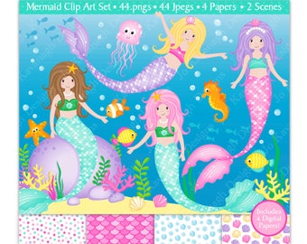 Mermaids with Brown Hair Clipart Set