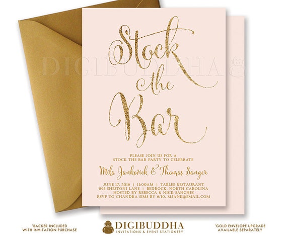 STOCK THE BAR Invitation Blush Pink & Gold Glitter Engagement