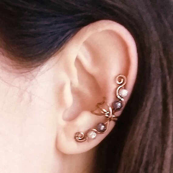 Antique Copper Ear Cuff Purple Glass Moon Beads Ear Wrap