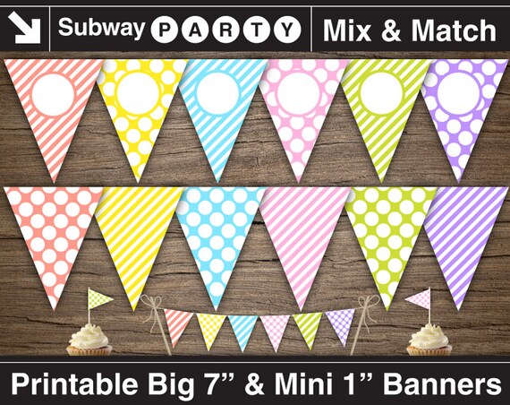 Printable Pastel Rainbow Party Banner and Mini Cake Bunting.