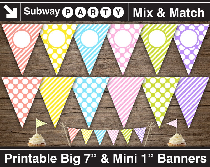 Printable Pastel Rainbow Party Banner and Mini Cake Bunting.