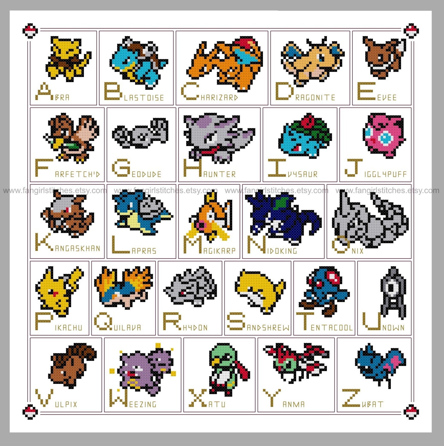 Pokemon parody Alphabet ABC Cross Stitch PDF Pattern