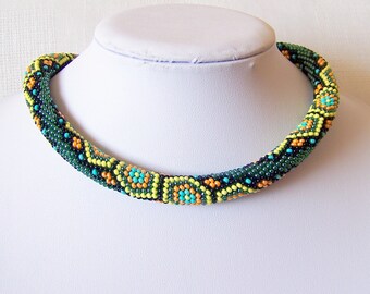 Yellow and violet long beaded crochet rope necklace