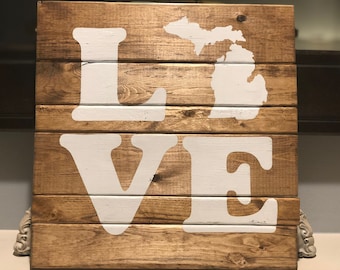 LOVE MICHIGAN CHEVRON stained with white and red text wood