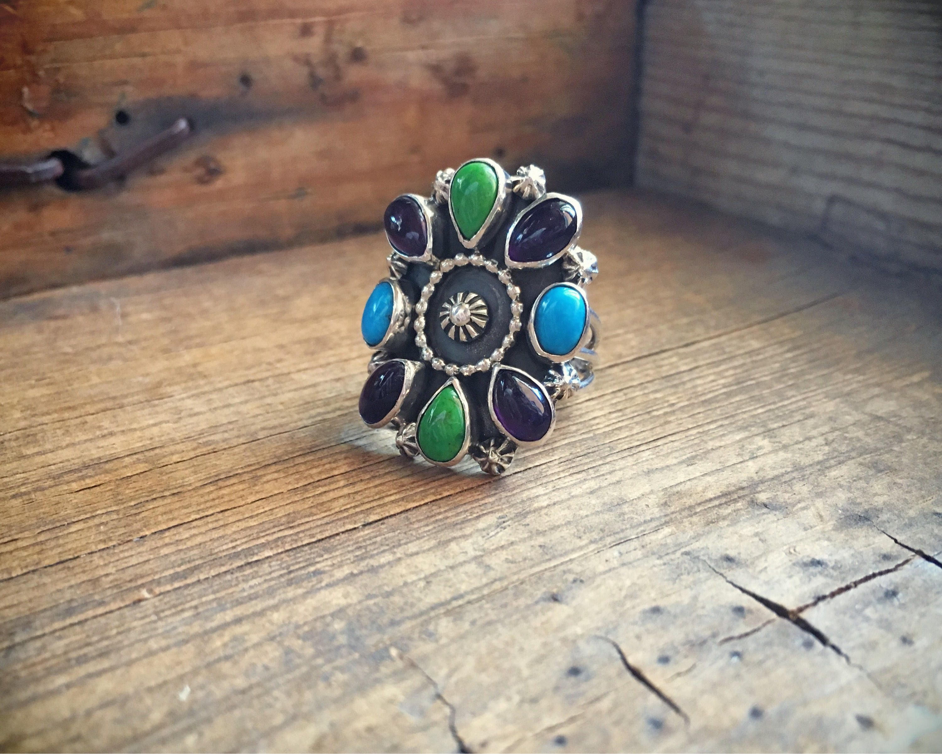 Turquoise Ring with Amethyst and Gaspeite, Native American Indian Jewelry
