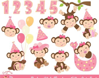 Cute Little Monkey Girl Clipart Set