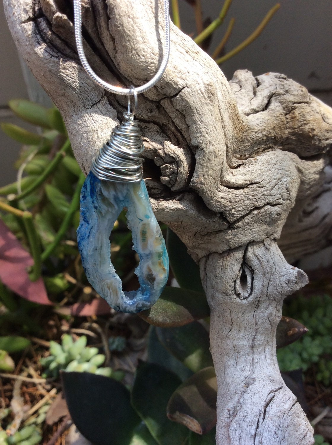 Blue geode slice pendant wire wrapped blue geode pendant