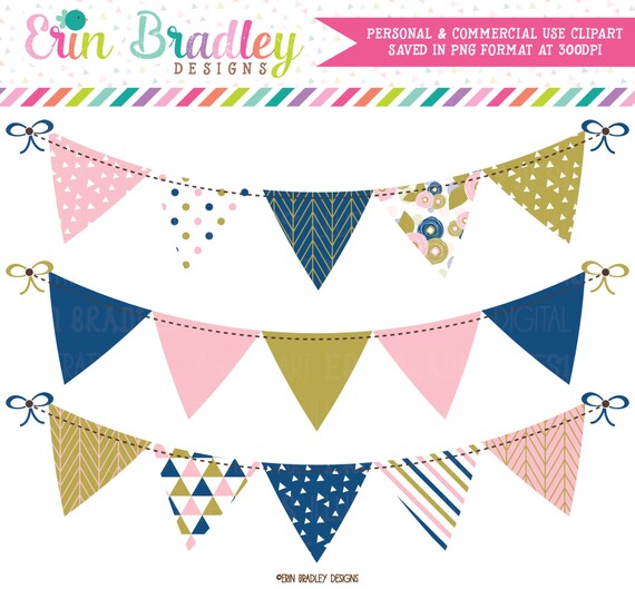 Items similar to Clipart Banner Flag Bunting Set in Pink Blue & Gold ...