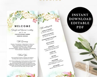 Flower Wedding Program Template 4x9 Instant Download