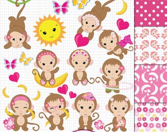 Cute Little Monkey Girl Clipart Set
