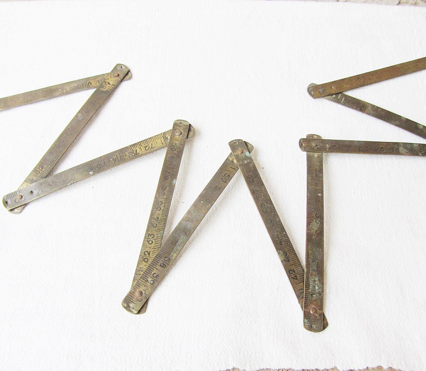 Vintage Brass Folding Ruler Metal Measuring Rule with Patina 1