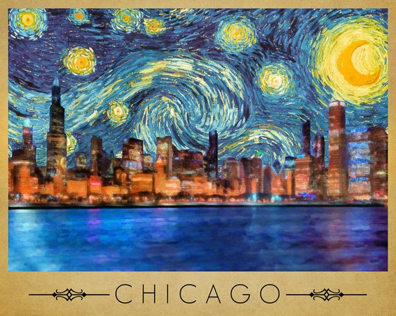 Chicago Skyline Poster Van Gogh Starry Night Poster Chicago