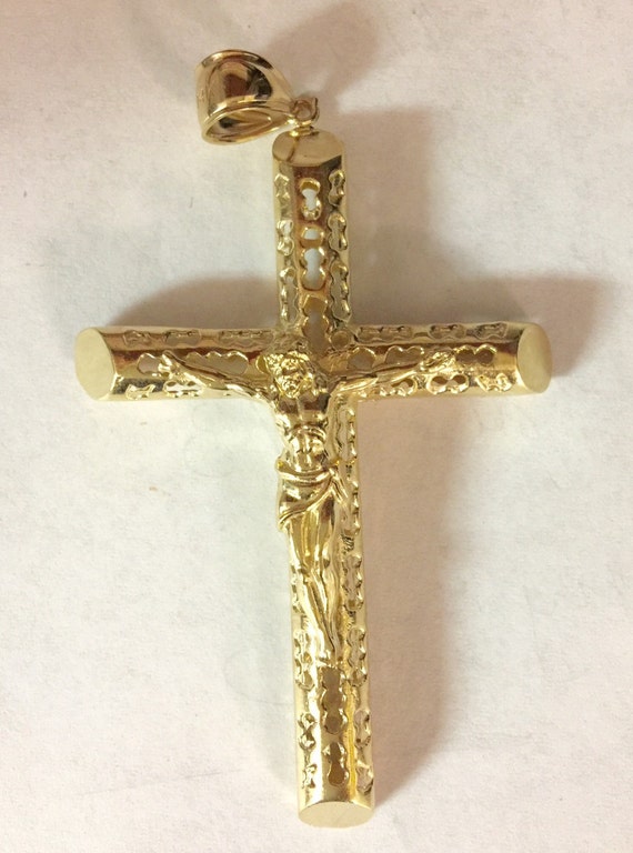 14k solid gold Jesus cross crucifix large charm mens pendant