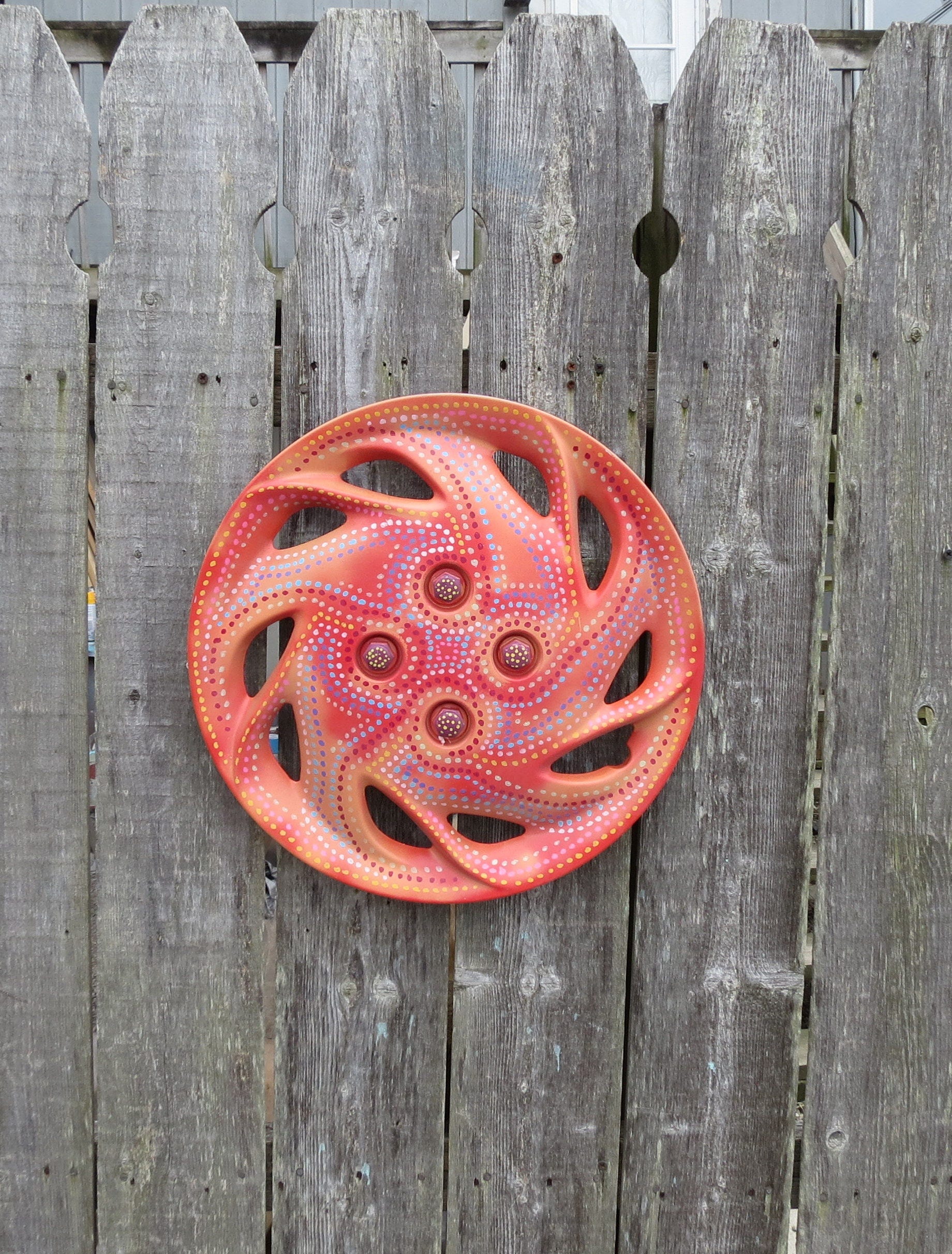 Fun Whimsy Hubcap Flower Hub Cap Art Hand Painted wall or