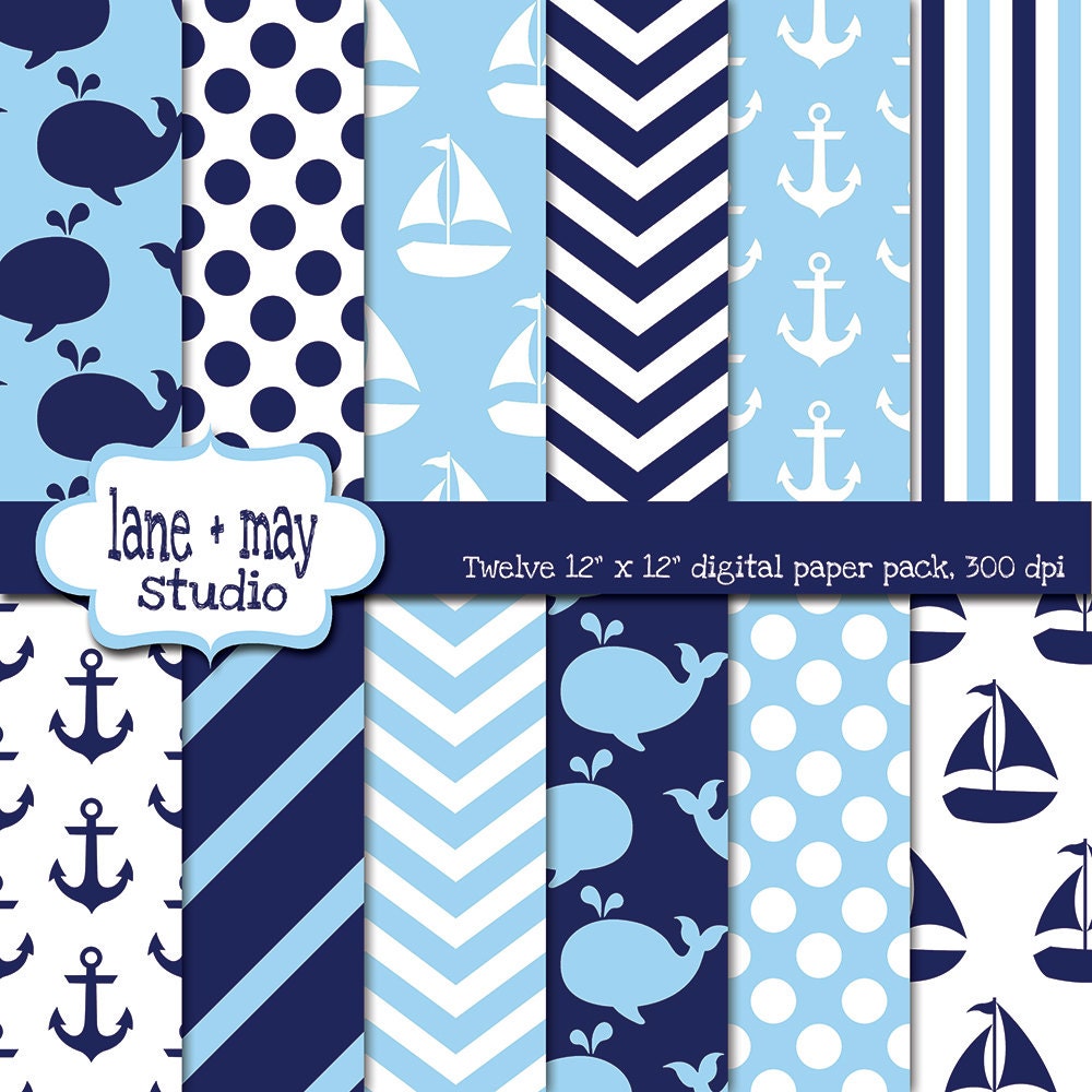 digital scrapbook papers navy white and baby blue nautical