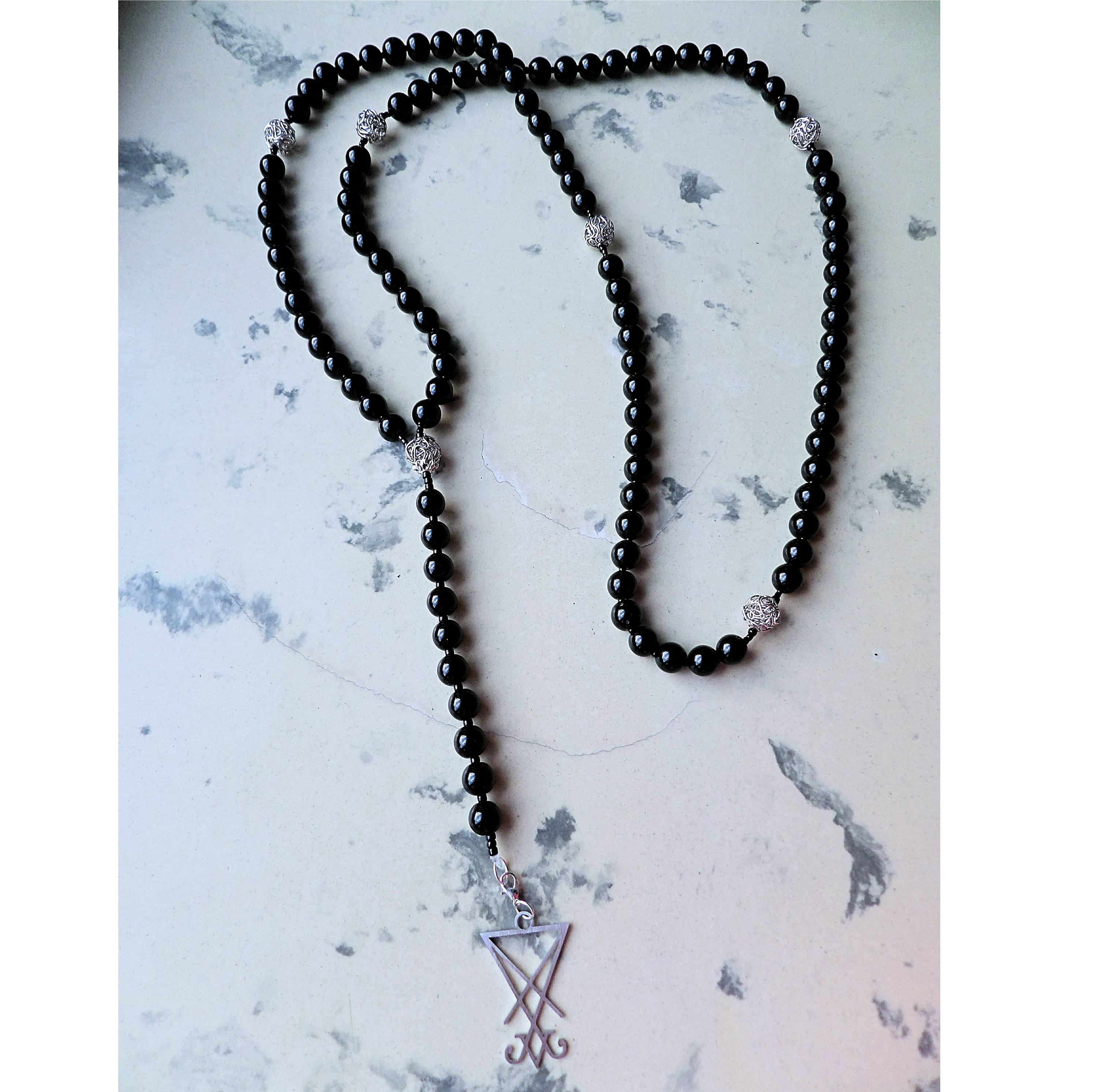 Simple Silver Black Satanic Rosary Satan Lucifer Sigil