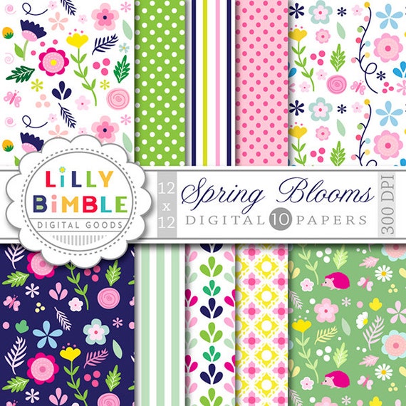 SPRING BLOOMS floral digital paper with spring flowers with