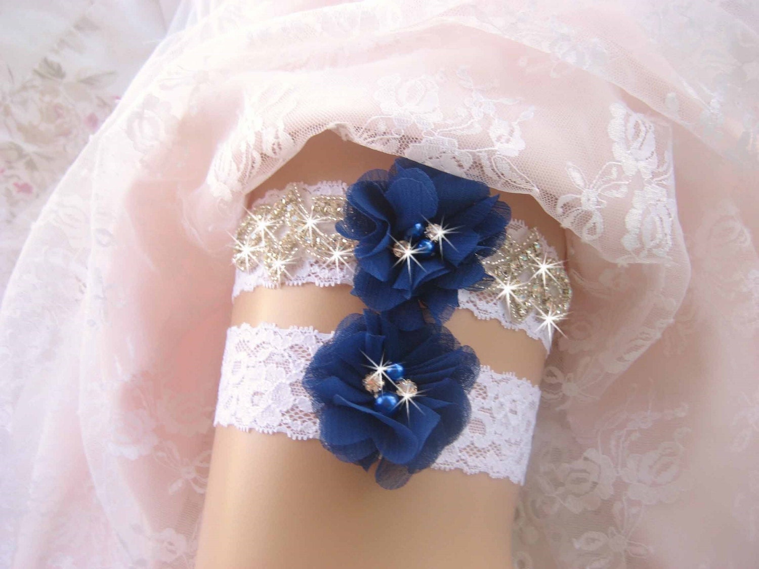 Wedding Garter Set Royal Blue Bridal Garter Vintage Bridal