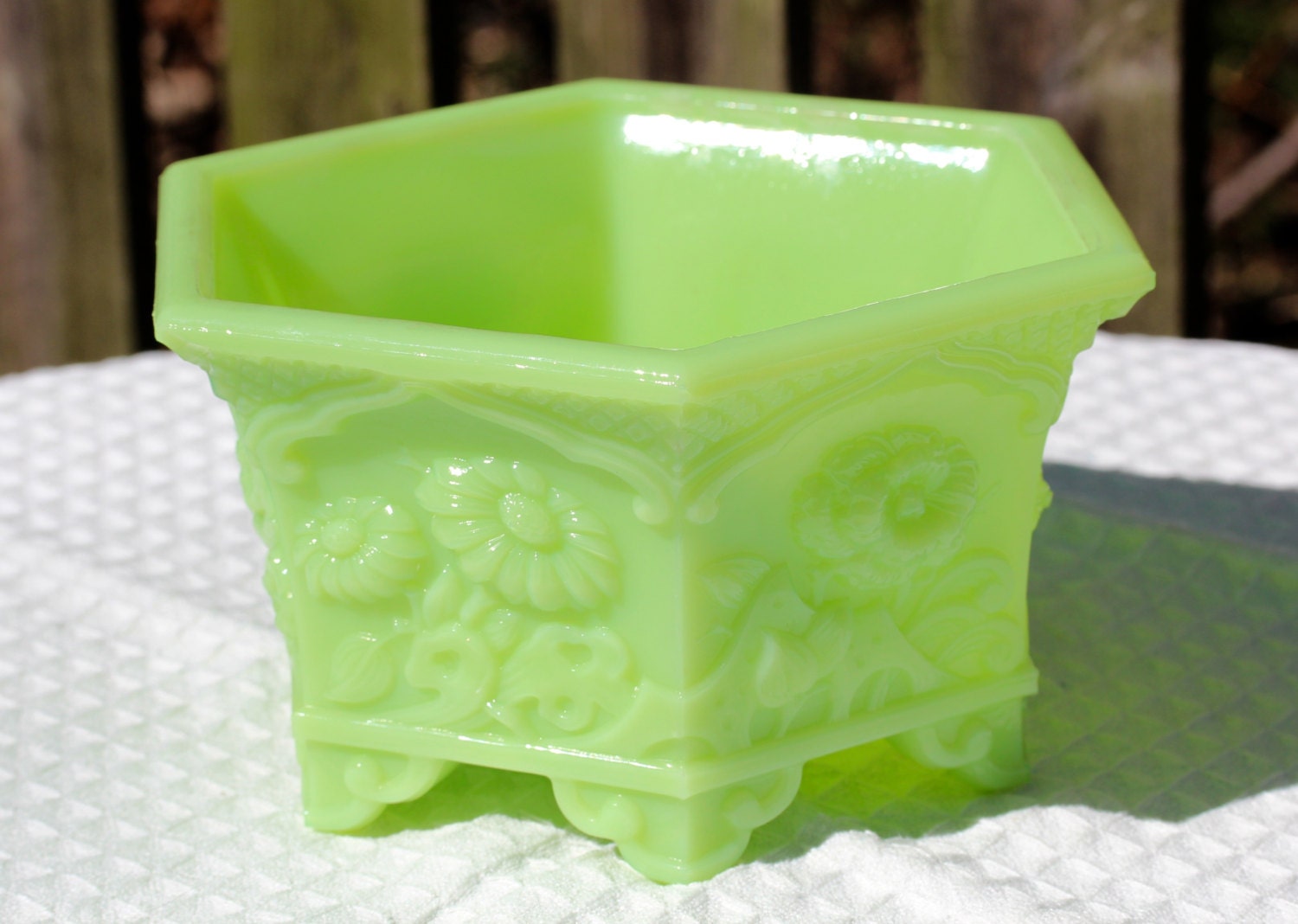 Fenton Lime Sherbet Satin Glass Floral Embossed Planter or