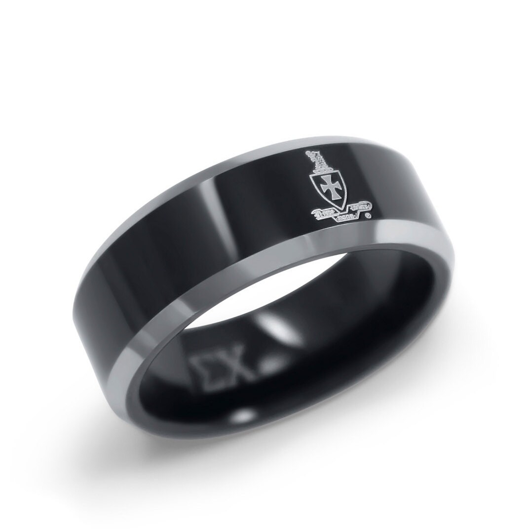 Sigma Chi Black Tungsten Fraternity Ring with Crest and Greek
