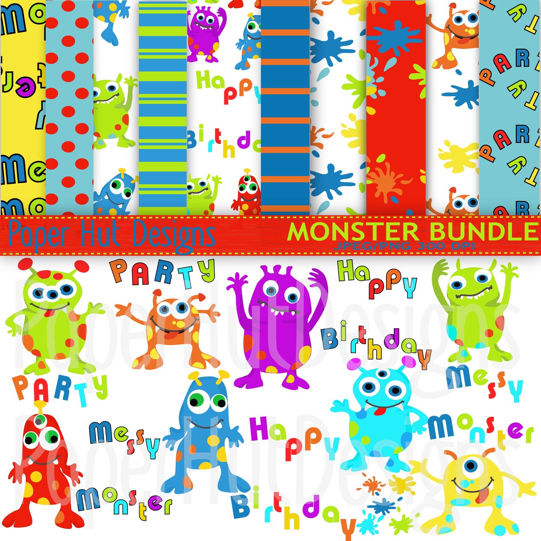 Monster Clipart and Digital Paper Set Monster Party Clip