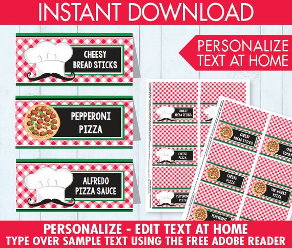 Pizza Party Food Labels Buffet Tags Name Placecards Pizza
