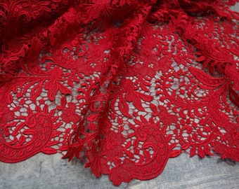 Red lace fabric | Etsy