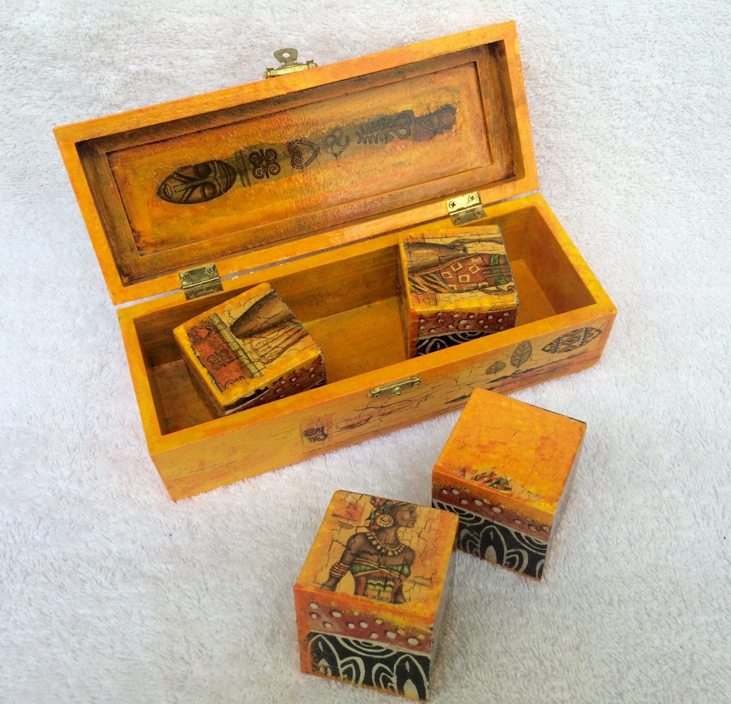 African Woman Motif wooden box with matching blocks
