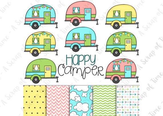 Happy Camper Hand Drawn Digital Clipart & Paper Set of 14
