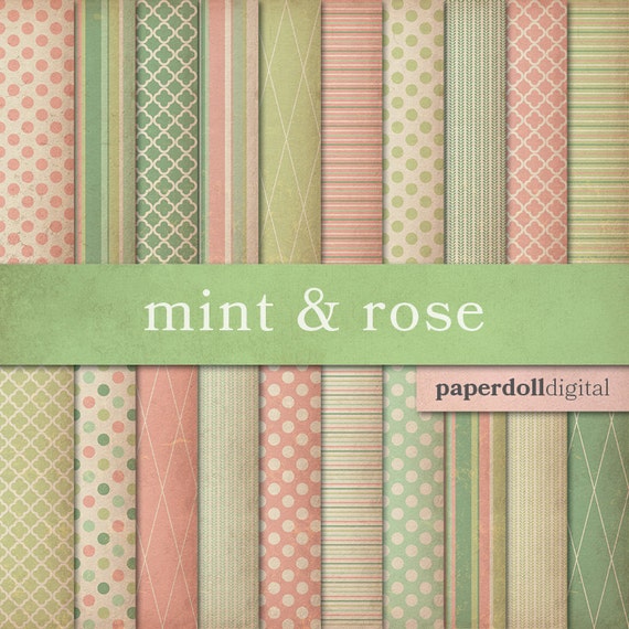 Mint & Rose Cottage Chic Digital Paper Pink and Green