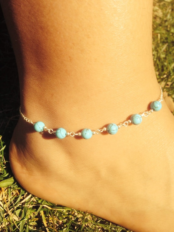 Vintage Turquoise Sterling Silver Anklet Ankle Bracelet