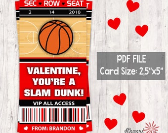 Printable basketball Valentine's Day Card slam dunk