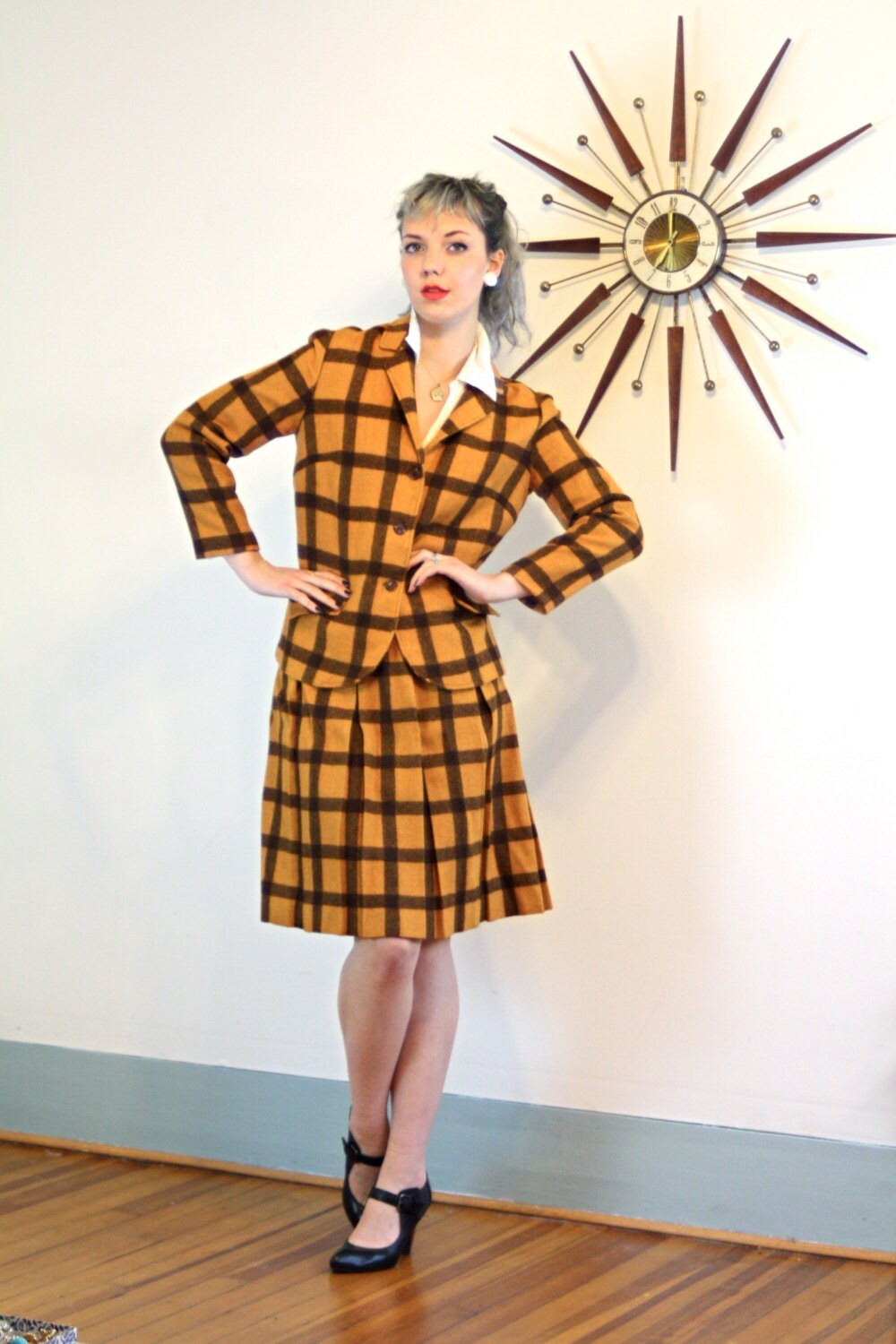 Plaid two piece suit, Vintage 60s Jacket & Skirt Set, Orange Brown ...
