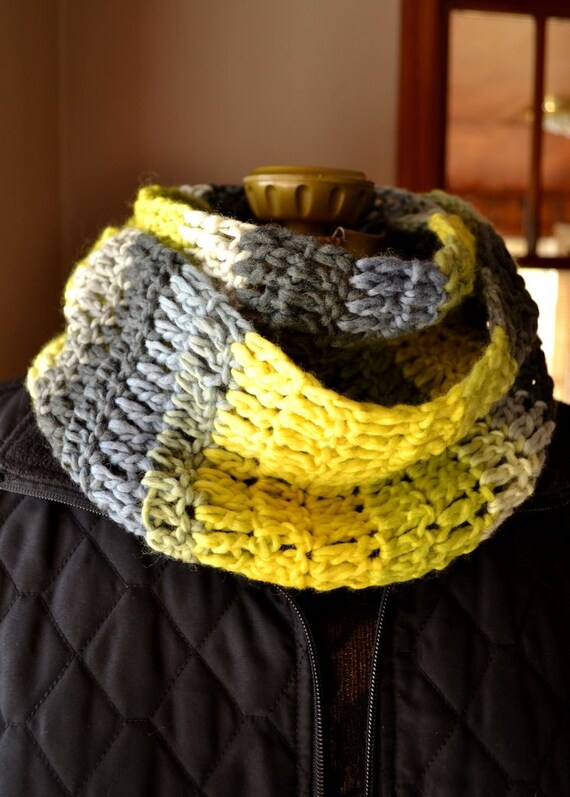 Yellow and Gray Wool Scarf Crochet Circle Scarf Infinity Scarf