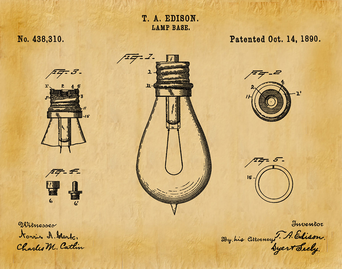 1890 Edison Light Bulb Patent Print - Vers #2 - Wall Art - Thomas ...