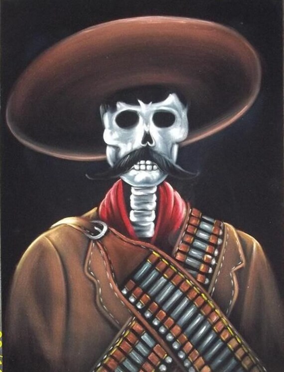 Mexican Badass skull bandito black velvet oil painting