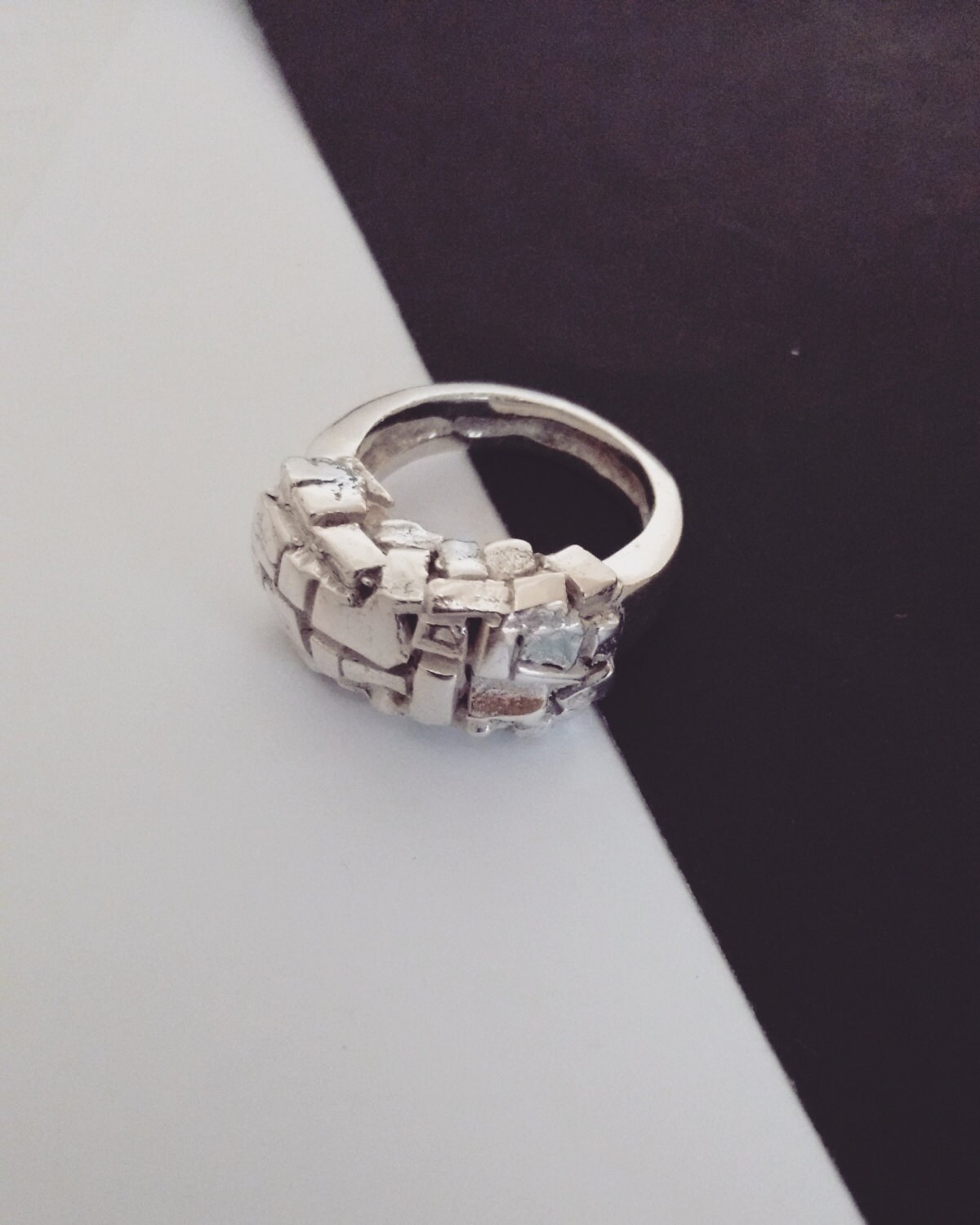 Silver Statement Ring Rock Carved Stone Ring cocktail