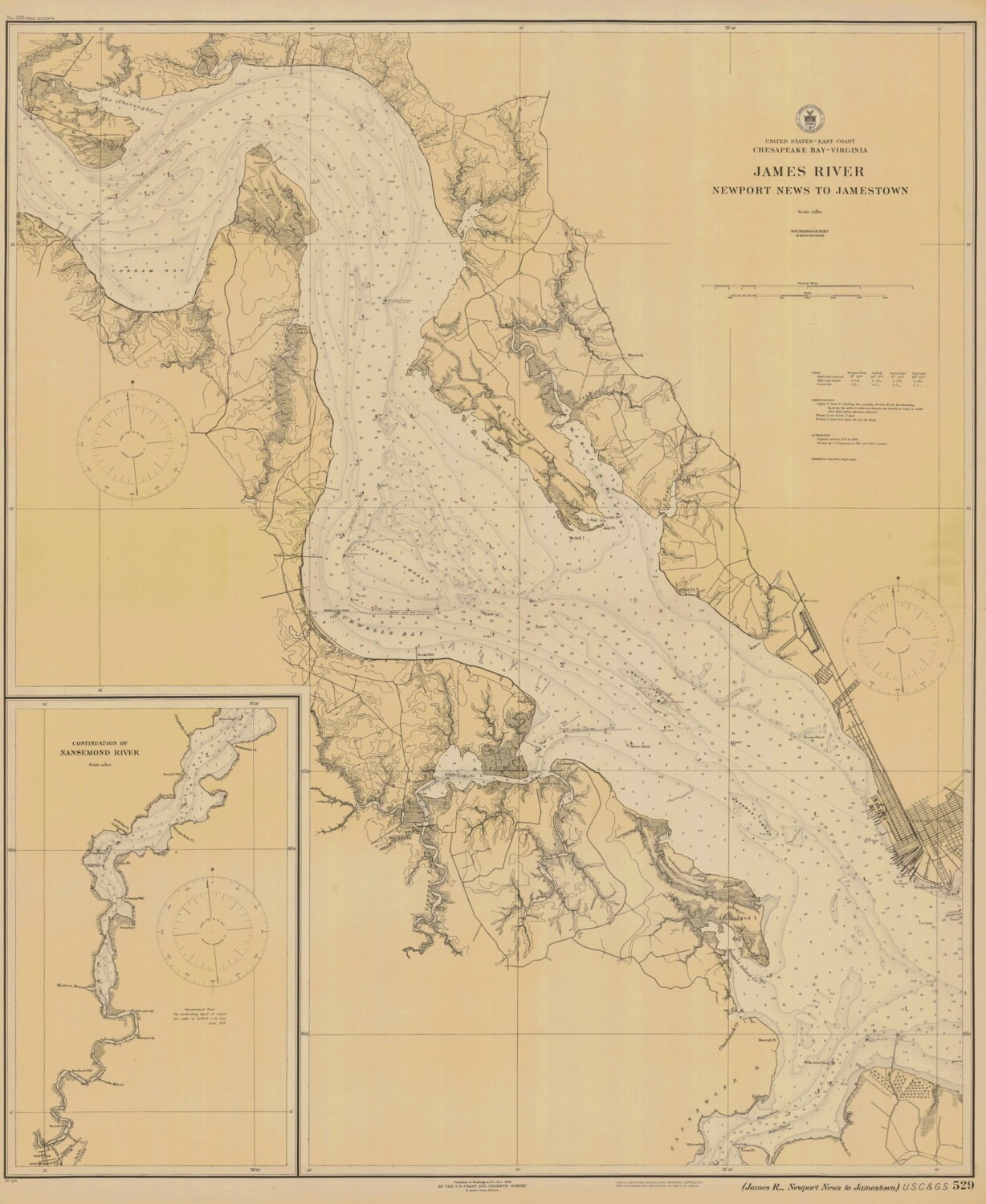 James River Newport News to Jamestown 1920 Nautical Map