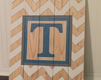 Chevron Initial Letter Art Print Owl Nursery Aqua Gray