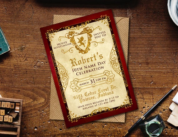 Red and Gold Medieval Birthday Party Printable Invitation