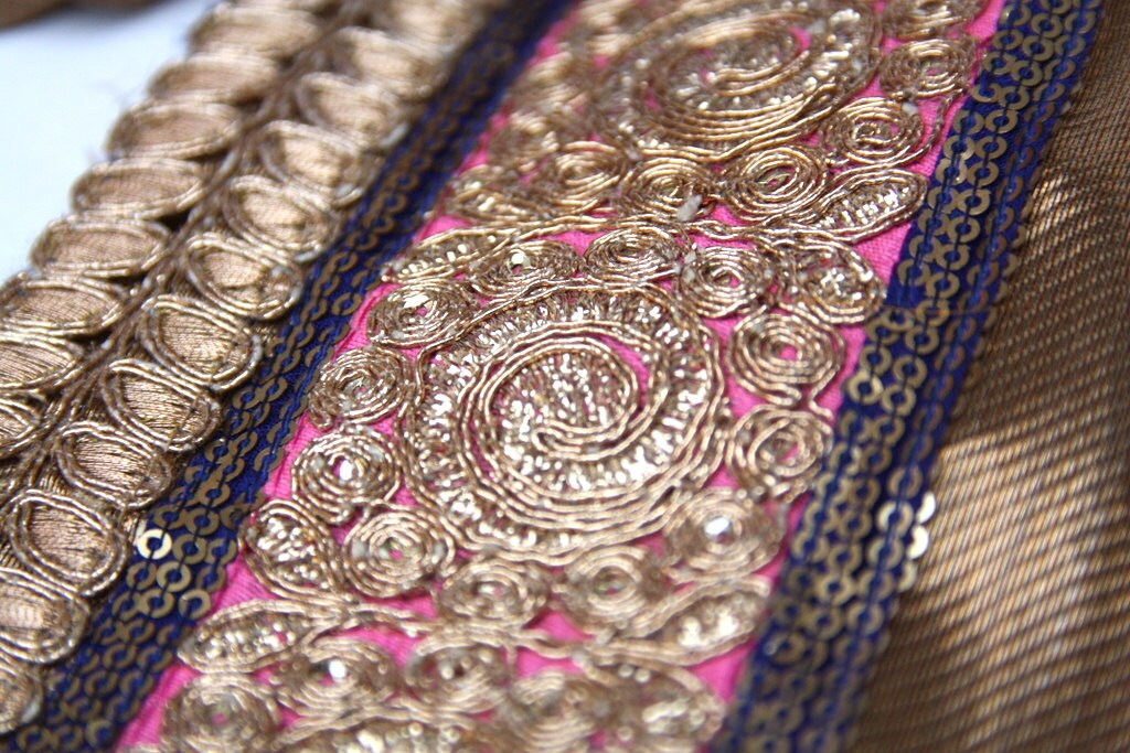 Sari Border Trim Gold Lame and Zari Work Floral Scroll Zari