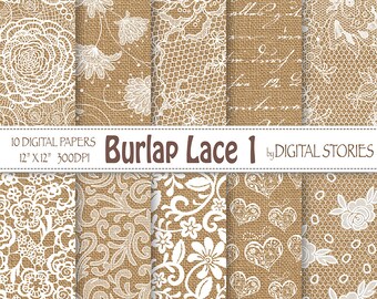 Burlap Lace Wedding digital paper: BURLAP LACE 2
