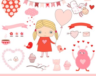 Cute Valentine animal clipart Pink kawaii animal clip art