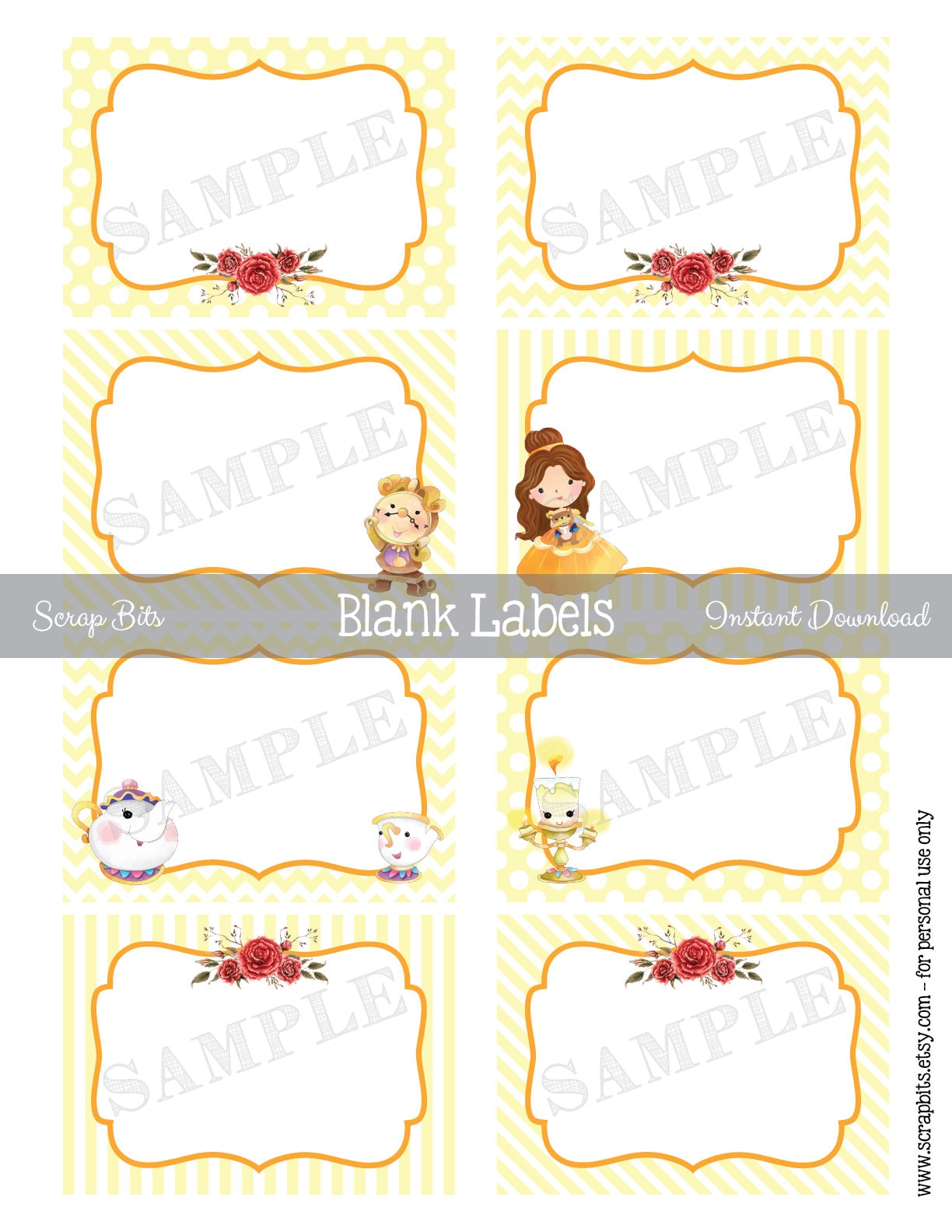 Instant Download . Printable Beauty and the Beast Labels