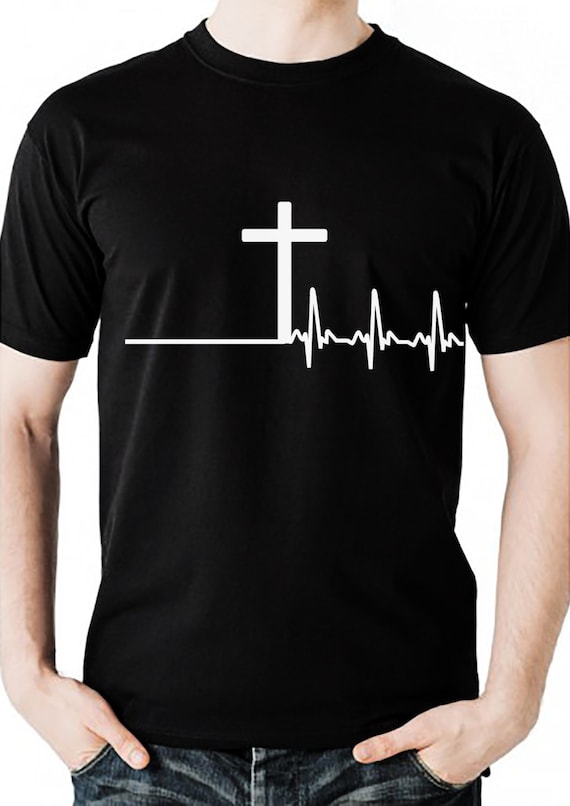 Mens Christian Tshirt With Cross And Heartbeat Design
