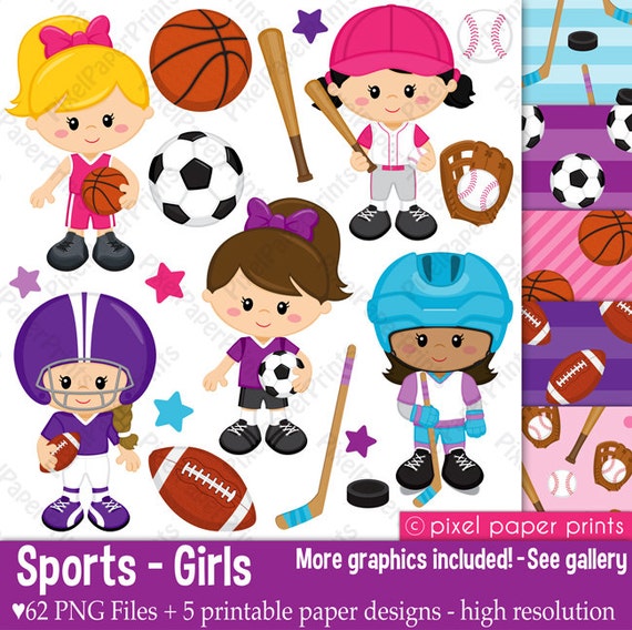 Sport Girls Clip art and Digital Paper Set Sports clipart